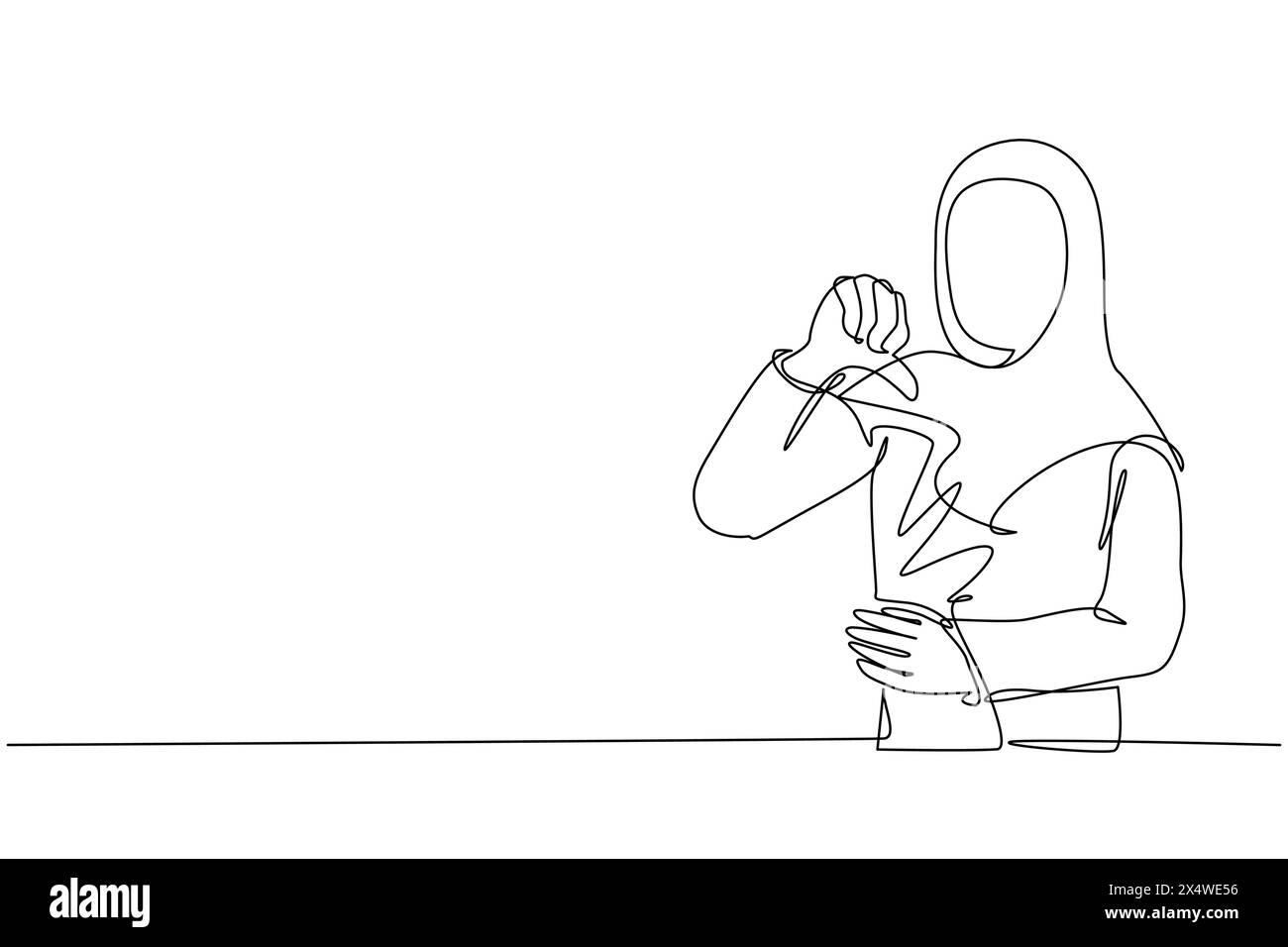 Continuous one line drawing unhappy young Arabian woman showing thumbs ...
