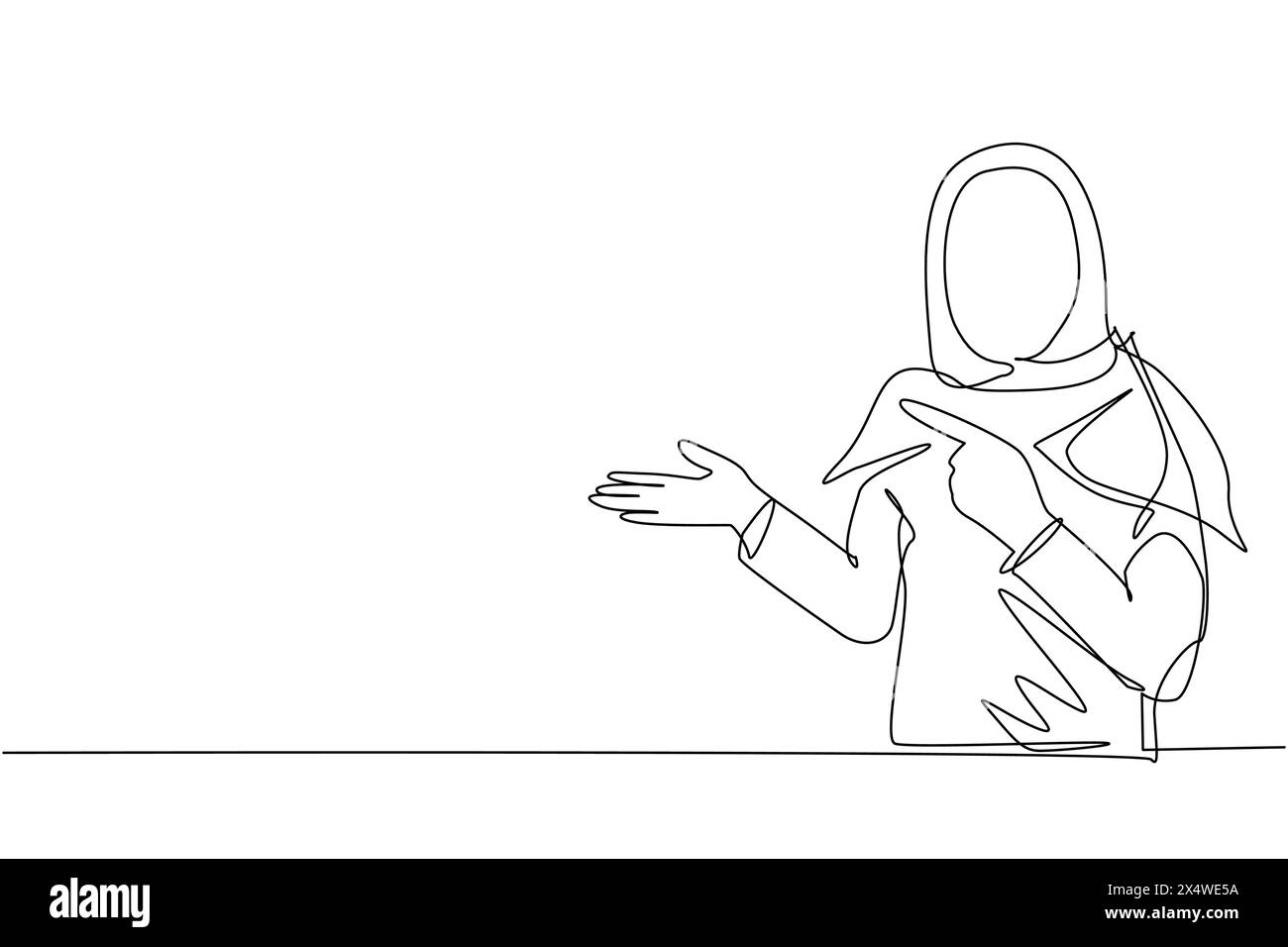 Single continuous line drawing cute Arabian female in hijab presenting ...