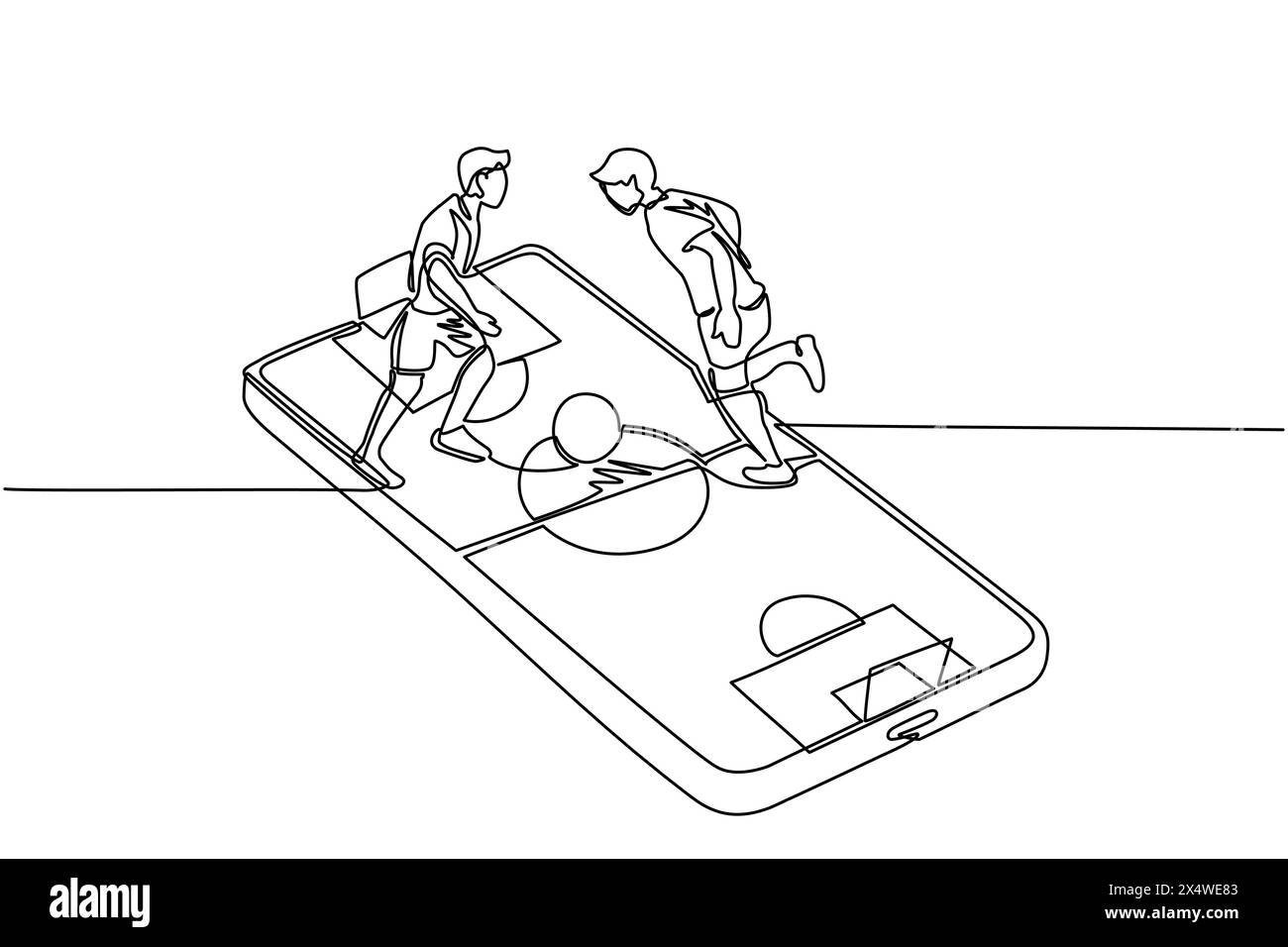 Single one line drawing two people playing football over smartphone ...