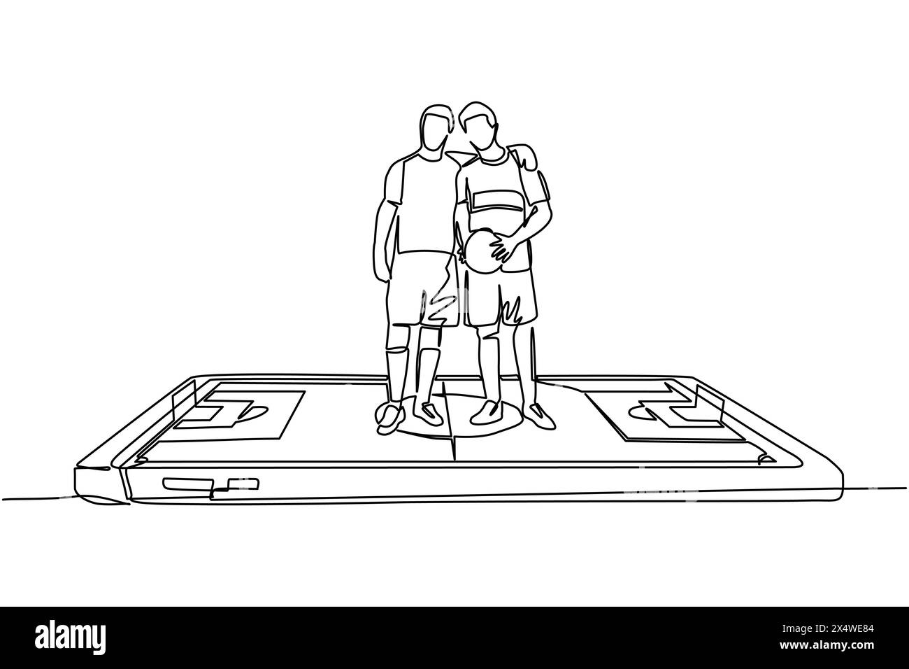 Single continuous line drawing two soccer players embrace each other on ...