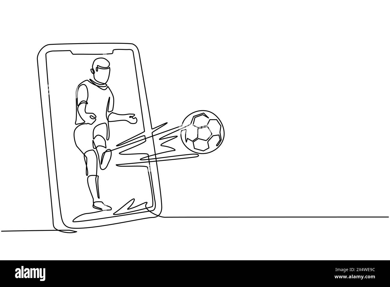 Single one line drawing soccer player kicks soccer ball out of ...