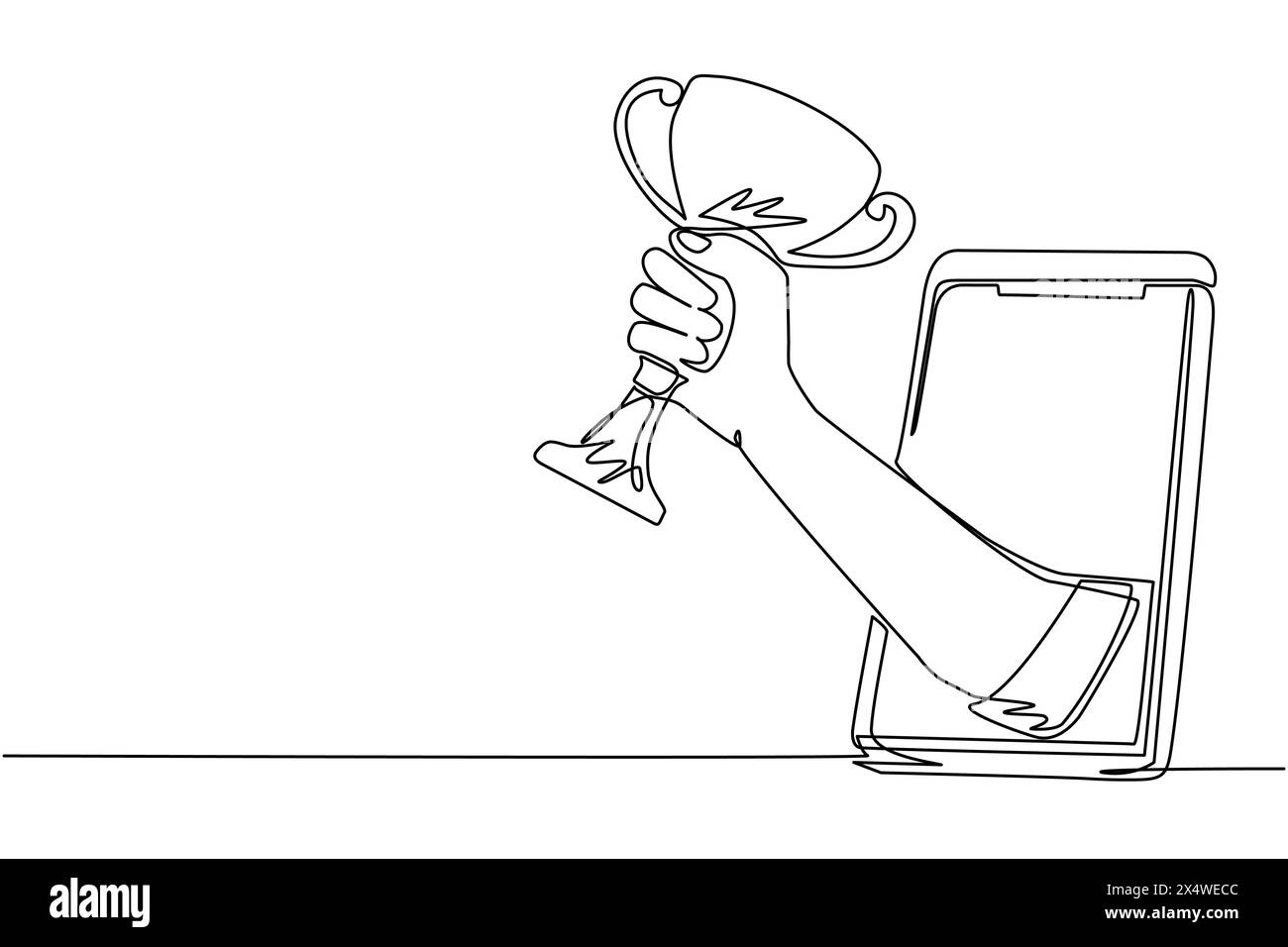 Continuous one line drawing trophy in hand coming out from mobile ...