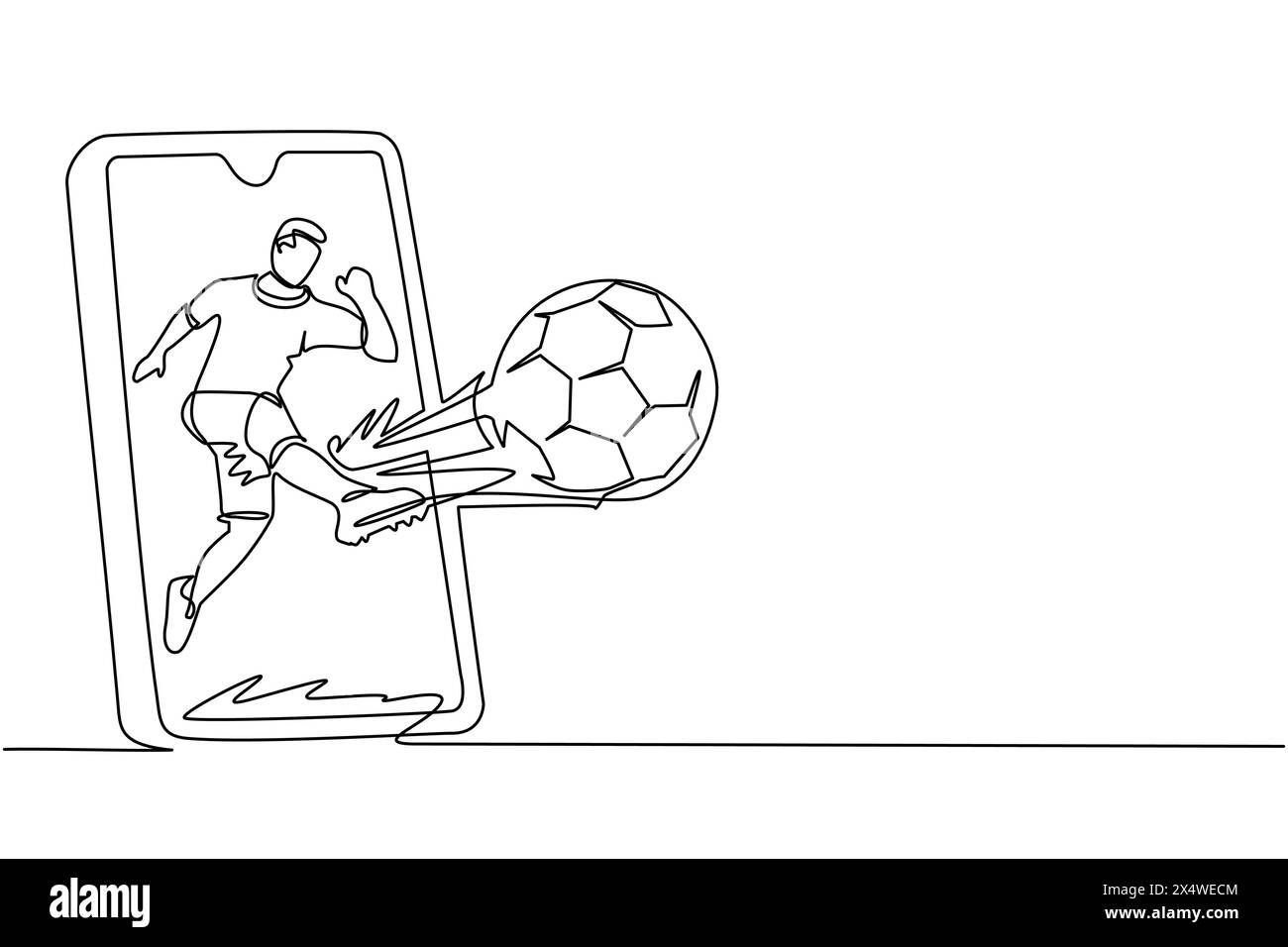 Single continuous line drawing soccer player shooting ball and getting ...