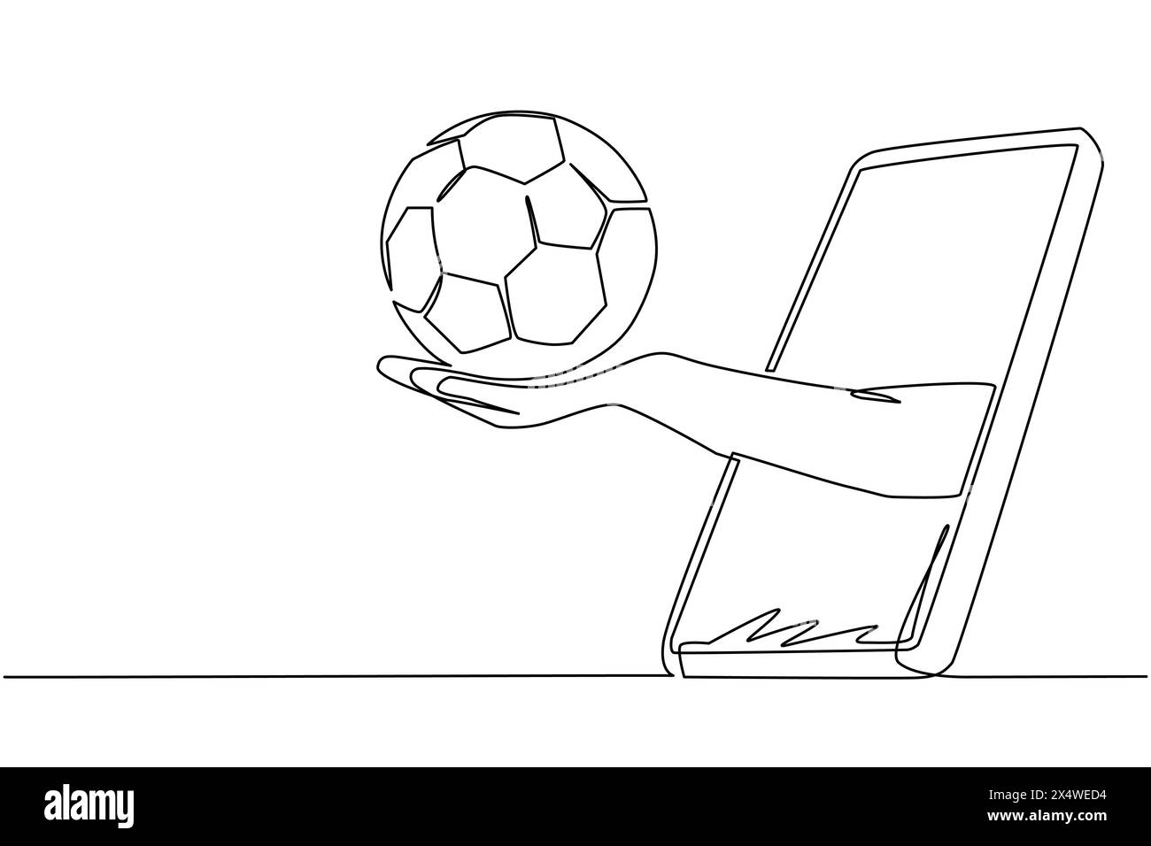 Single continuous line drawing hand holds soccer ball through ...