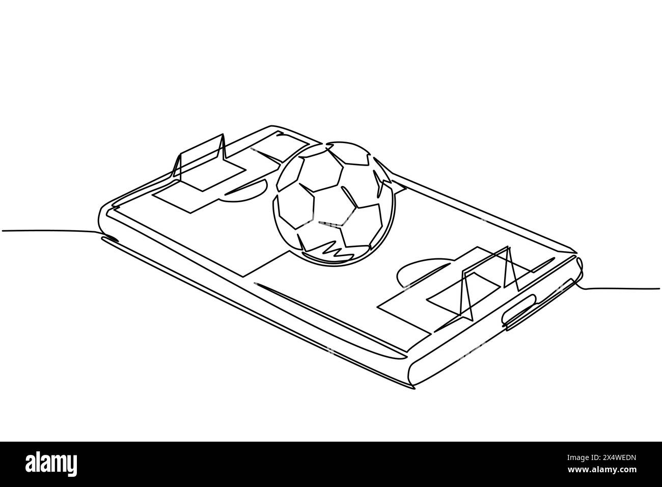 Single continuous line drawing soccer ball over virtual football field ...