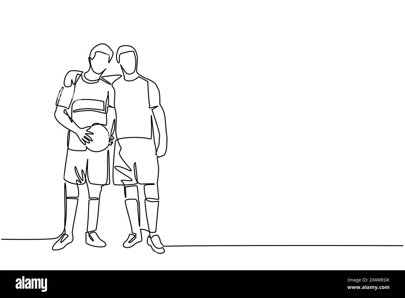 Continuous one line drawing two soccer players embrace each other. Two ...