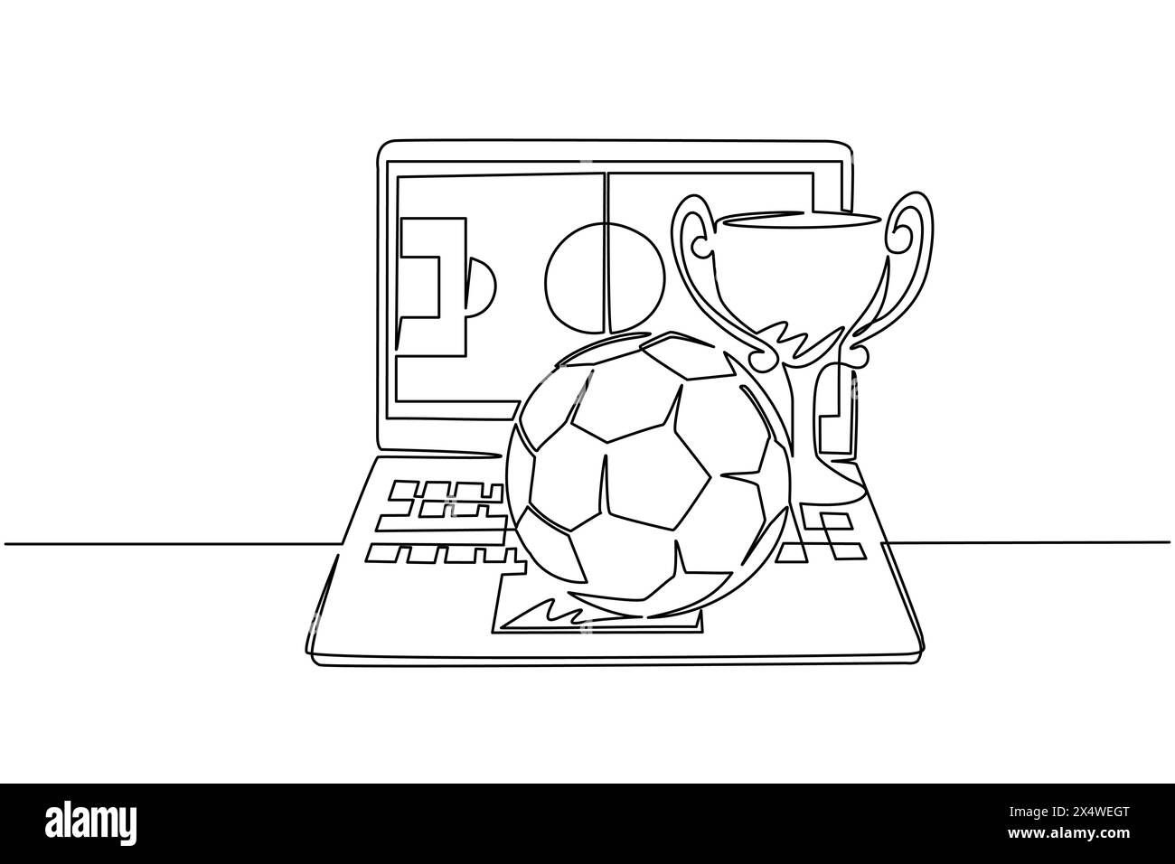 Continuous one line drawing football field on screen laptop with soccer ...