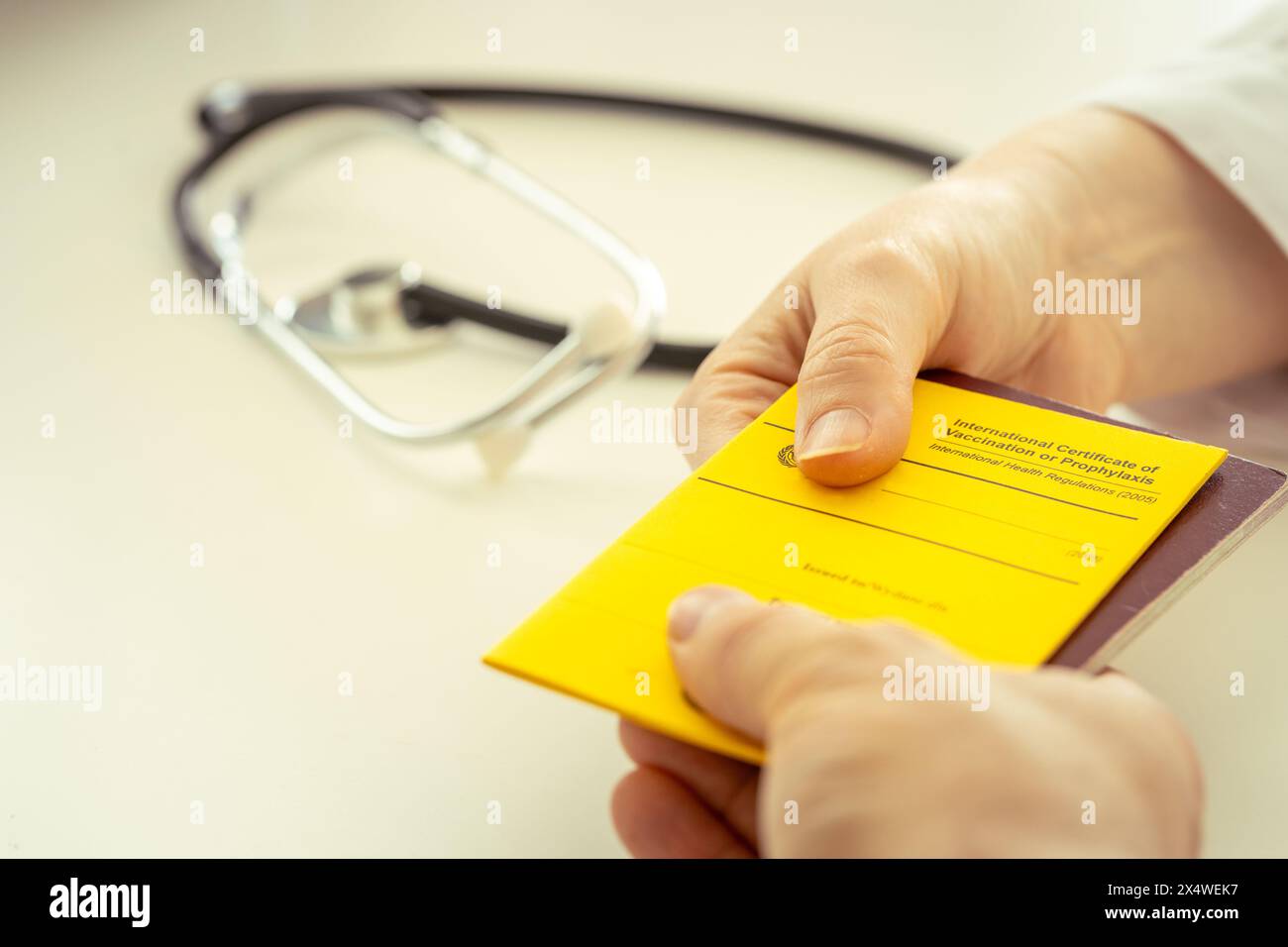 A doctor holds in her hand a Yellow Book of vaccinations against ...