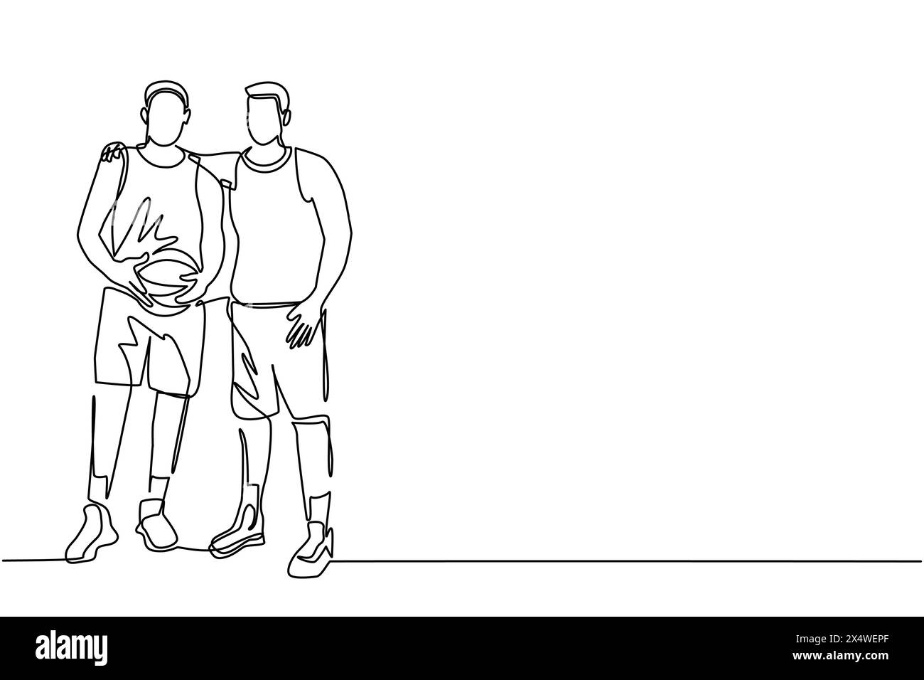 Continuous one line drawing two basketball players embrace each other ...