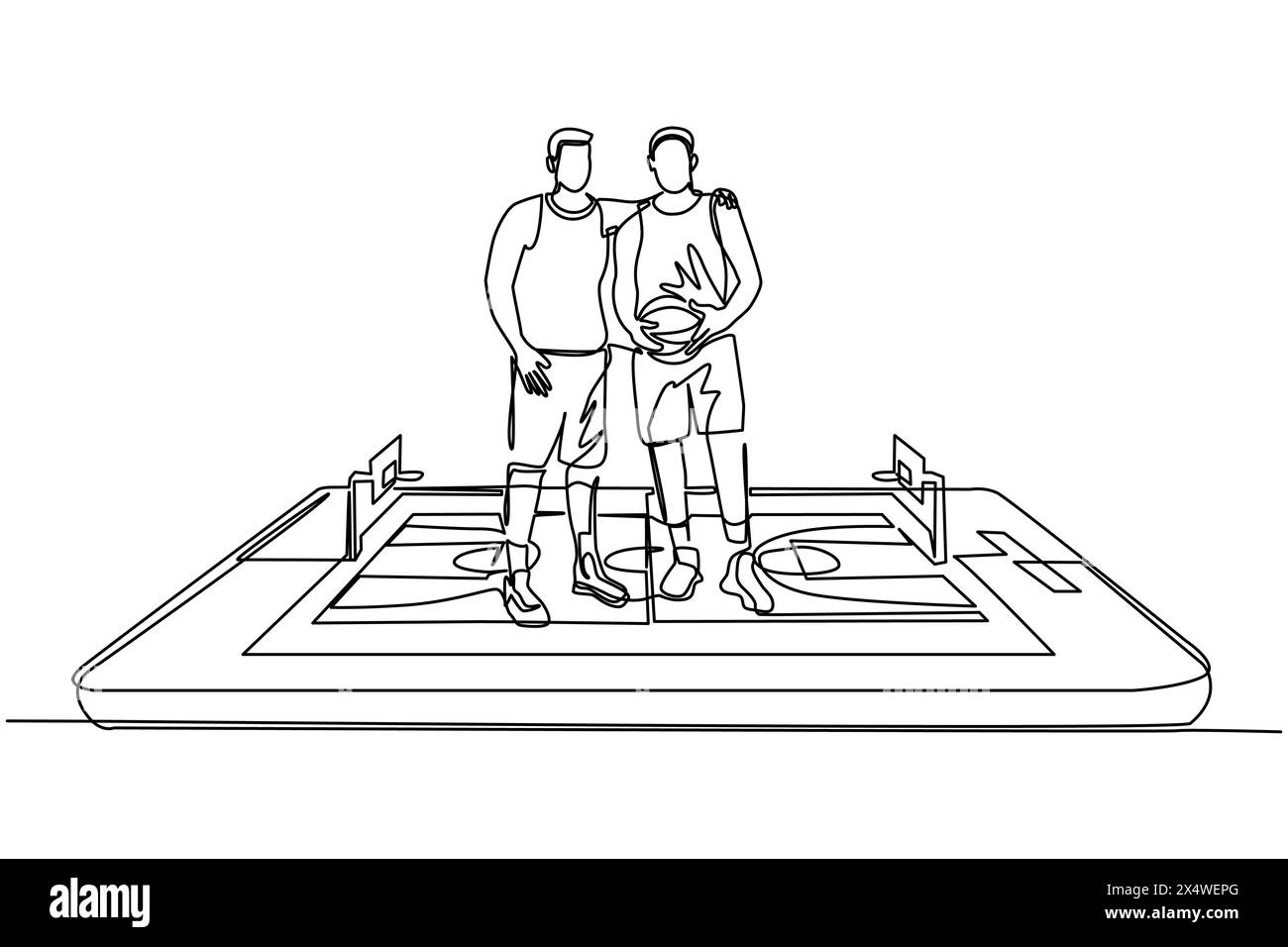 Single one line drawing two basketball players embrace each other on ...