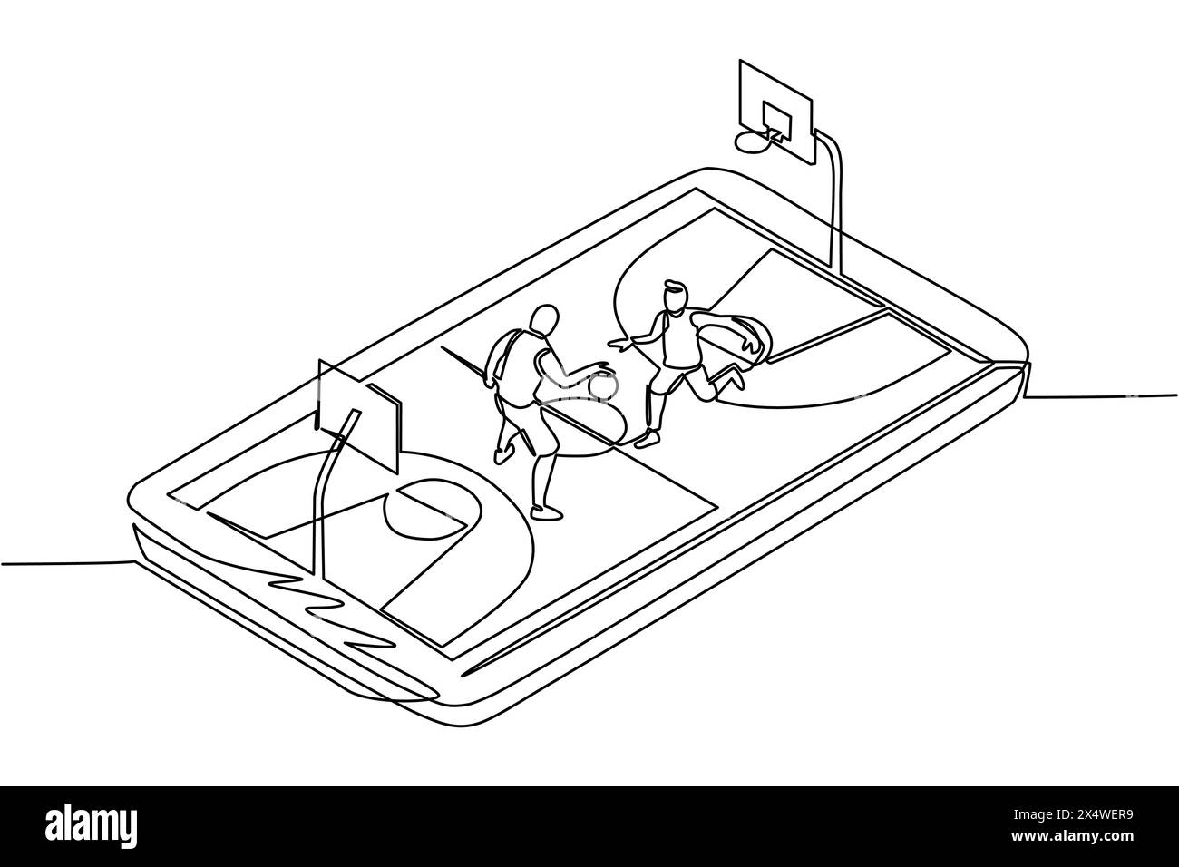 Single one line drawing basketball court with two players on smartphone ...