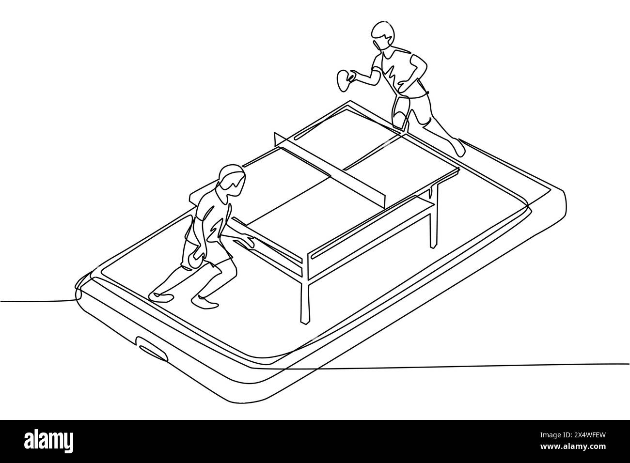 Single continuous line drawing table tennis court with two players on ...