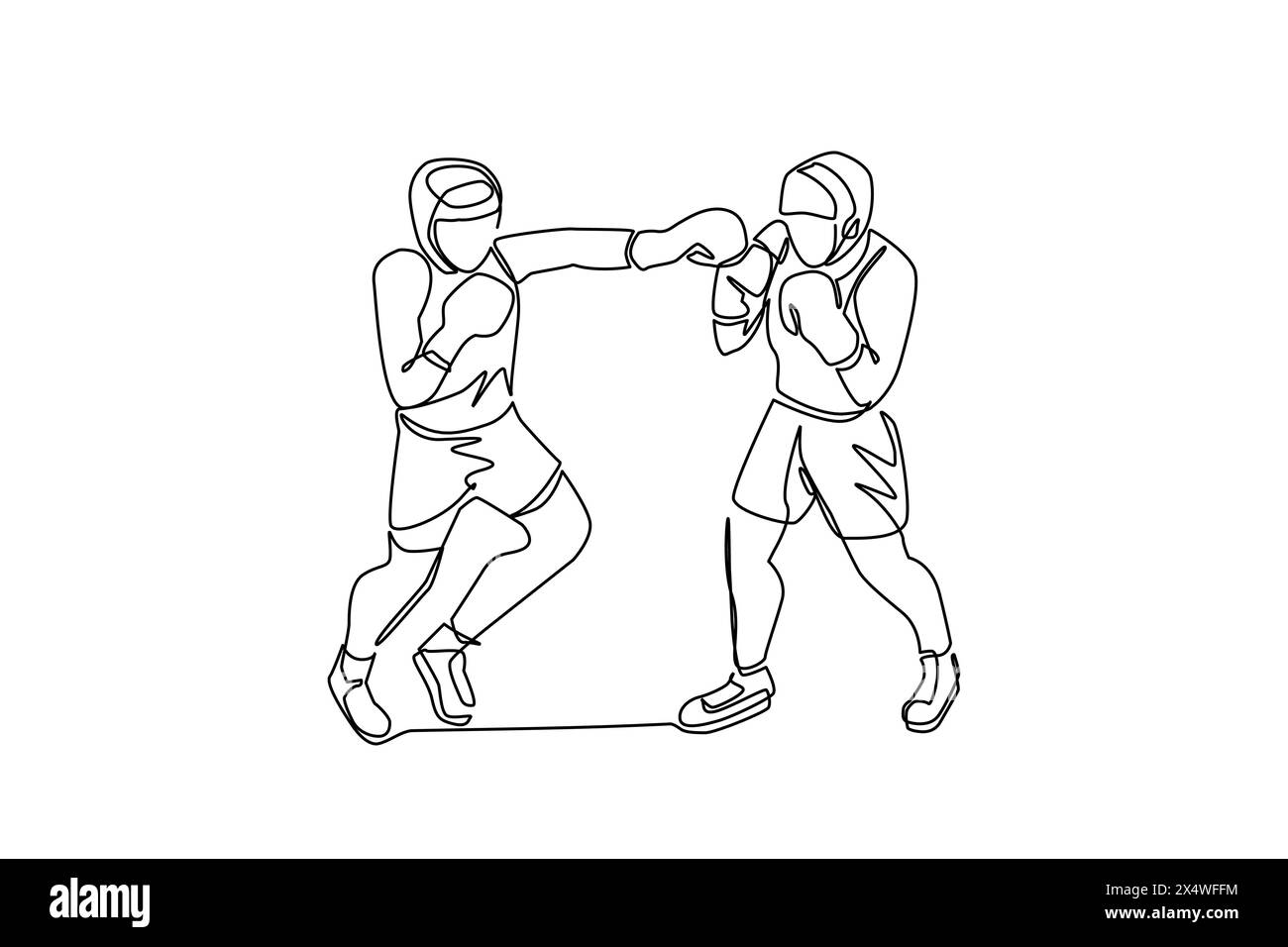 Continuous one line drawing boxers fighting on ring, opponents in ...