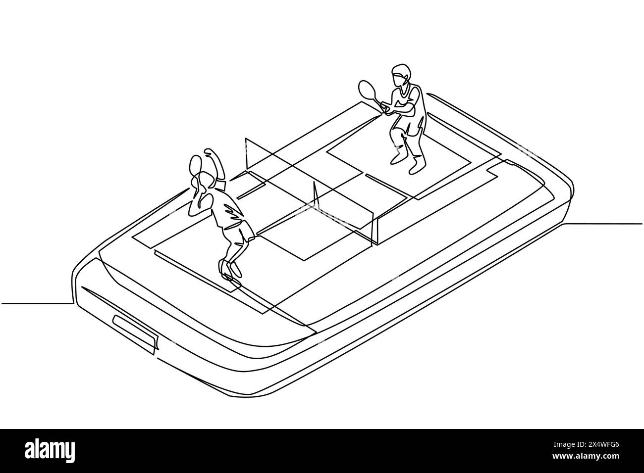 Single one line drawing tennis court with two players on smartphone ...