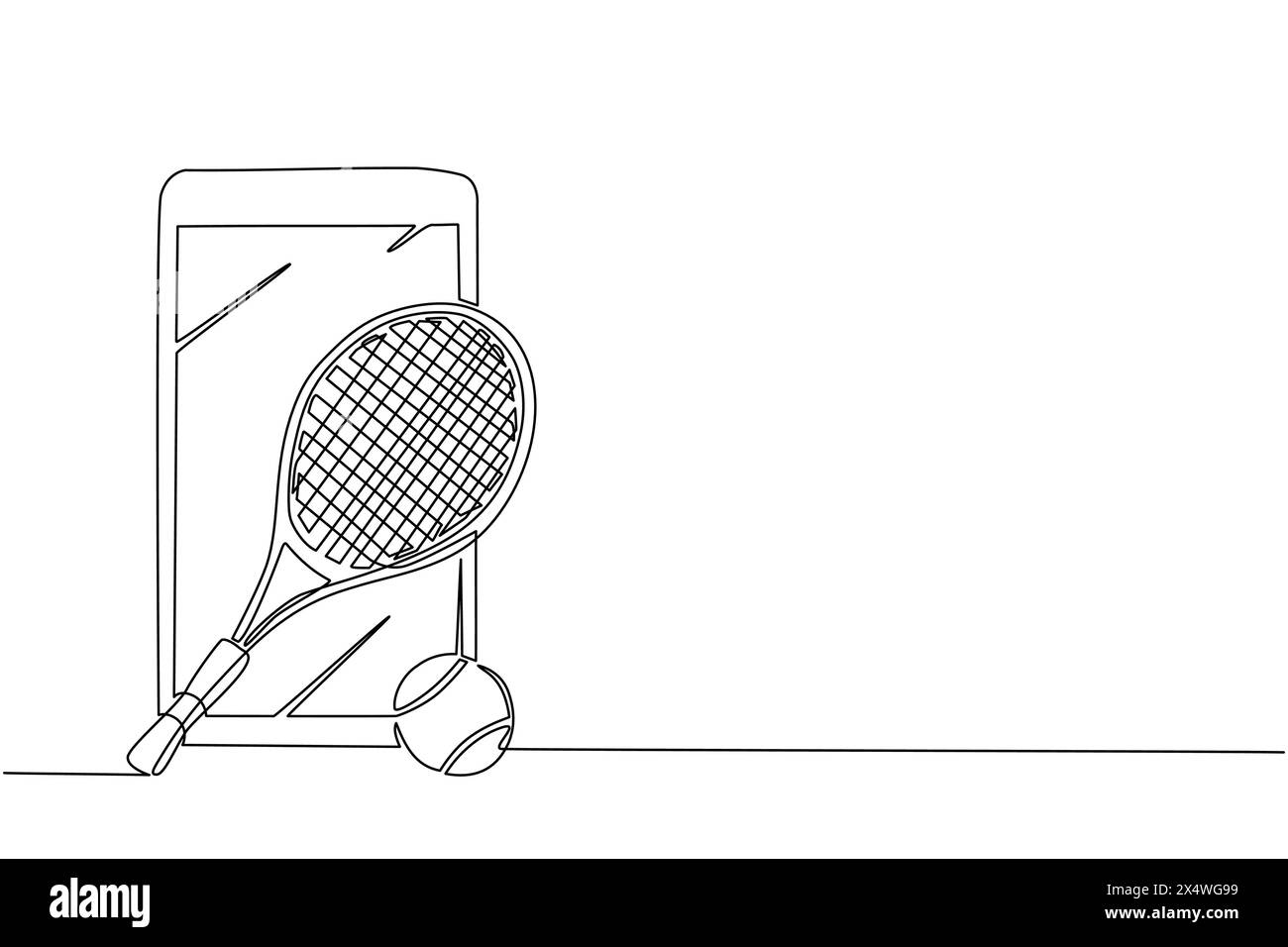 Single continuous line drawing smartphone and tennis racket and ball ...