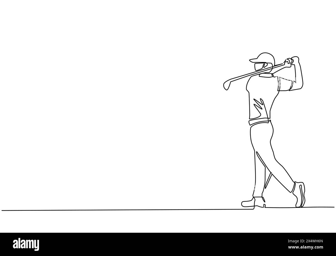 Single one line drawing active young man golf player swing golf club ...