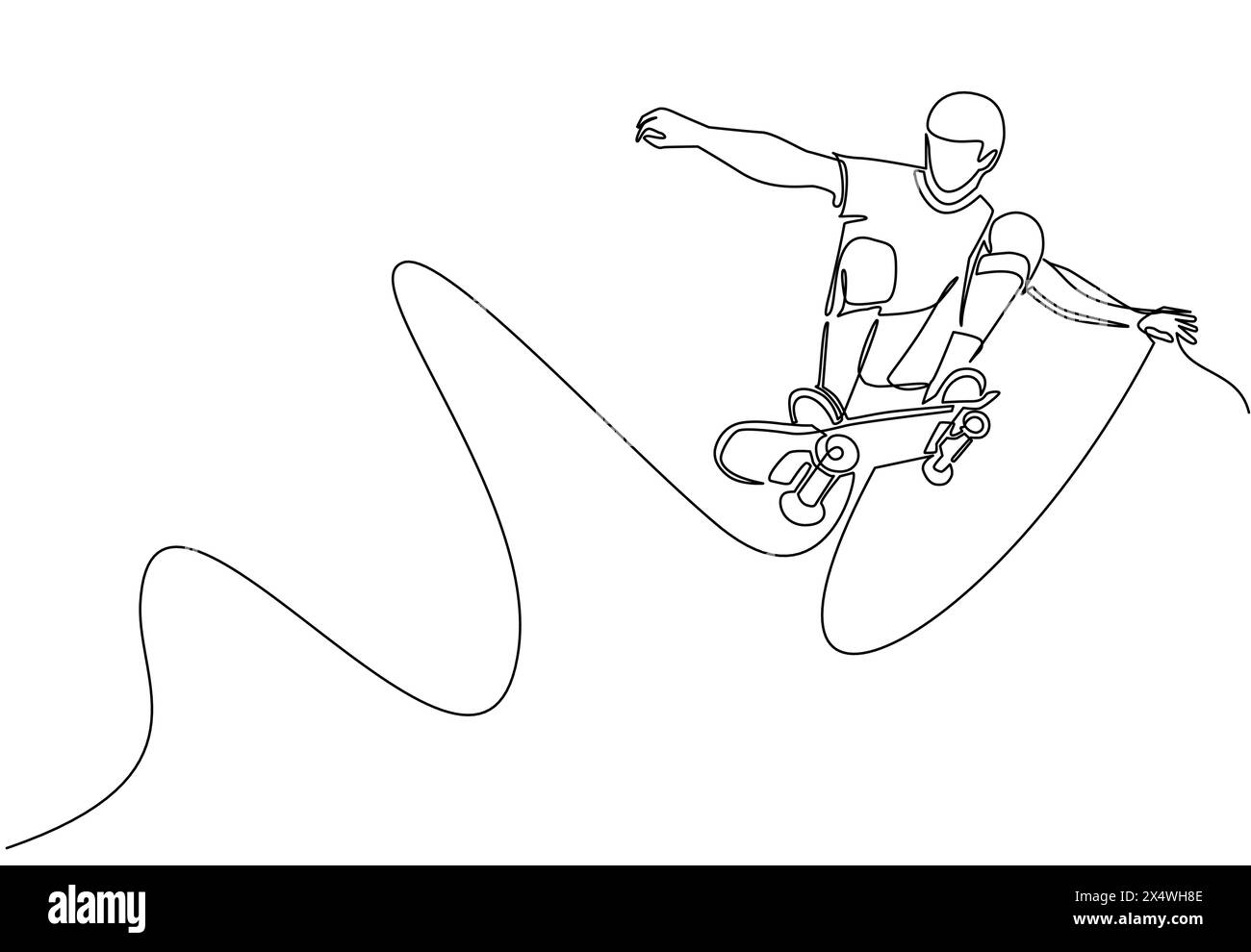 Single one line drawing young cool skateboarder man riding skateboard ...