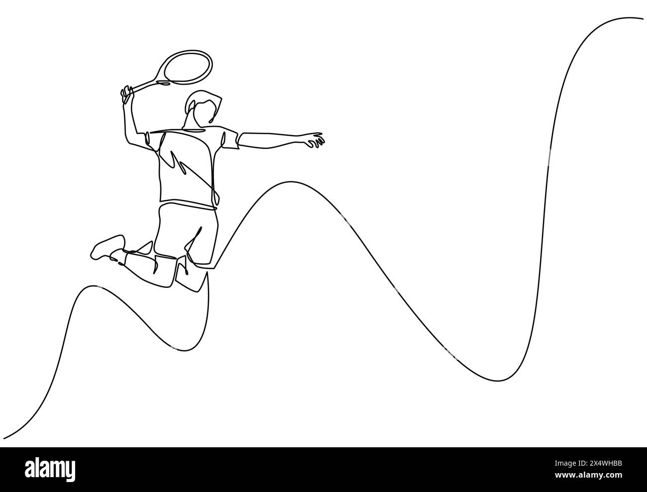 Continuous one line drawing young agile man tennis player jump and hit ...