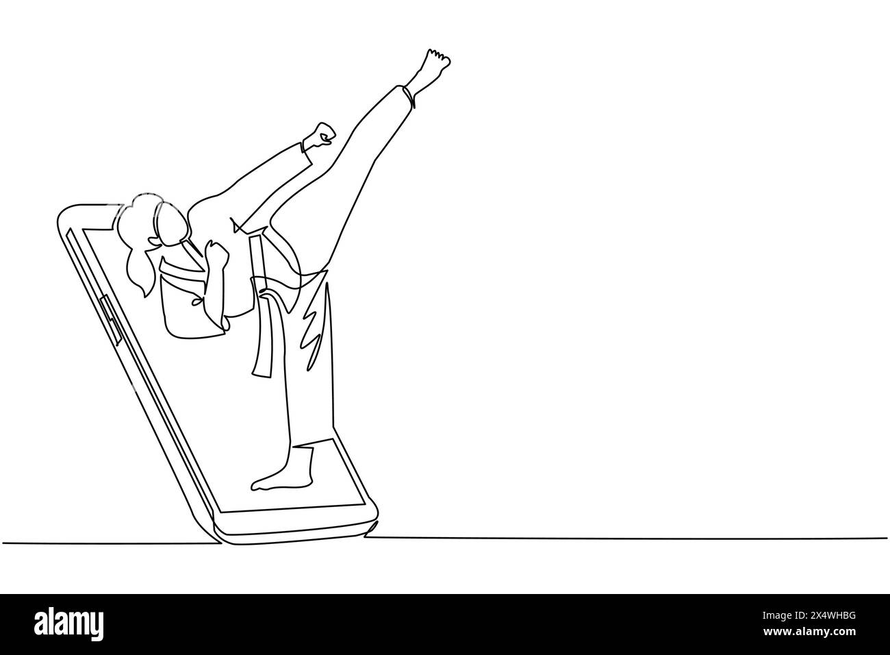 Single continuous line drawing taekwondo woman in fight uniform doing ...