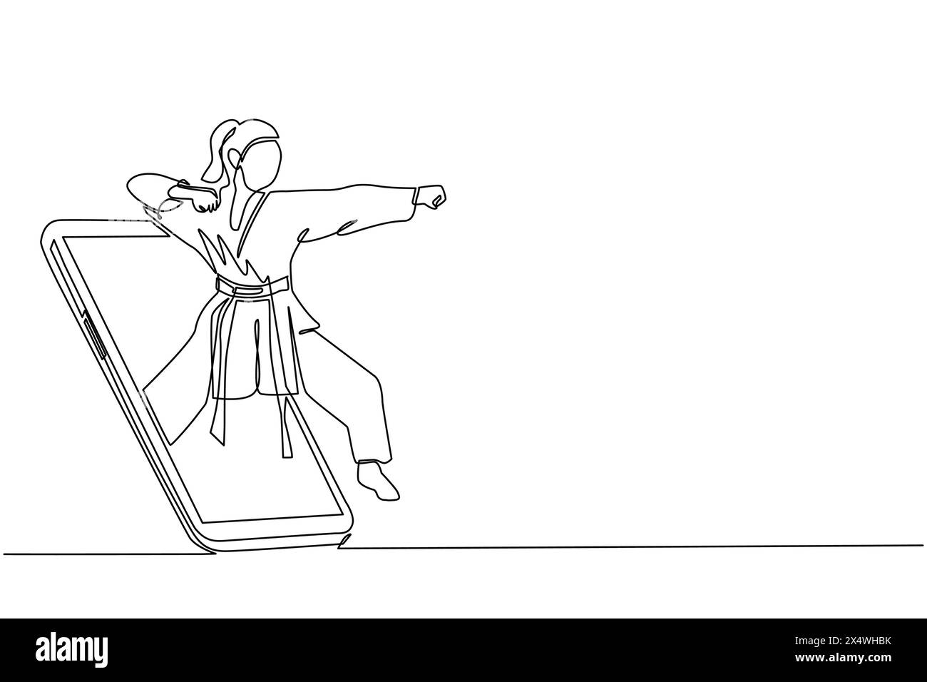 Continuous one line drawing karateka woman in kimono practicing karate ...