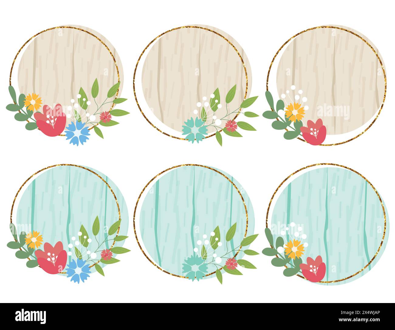 Wooden circle sign elements with flowers. Vector wood board, frame ...