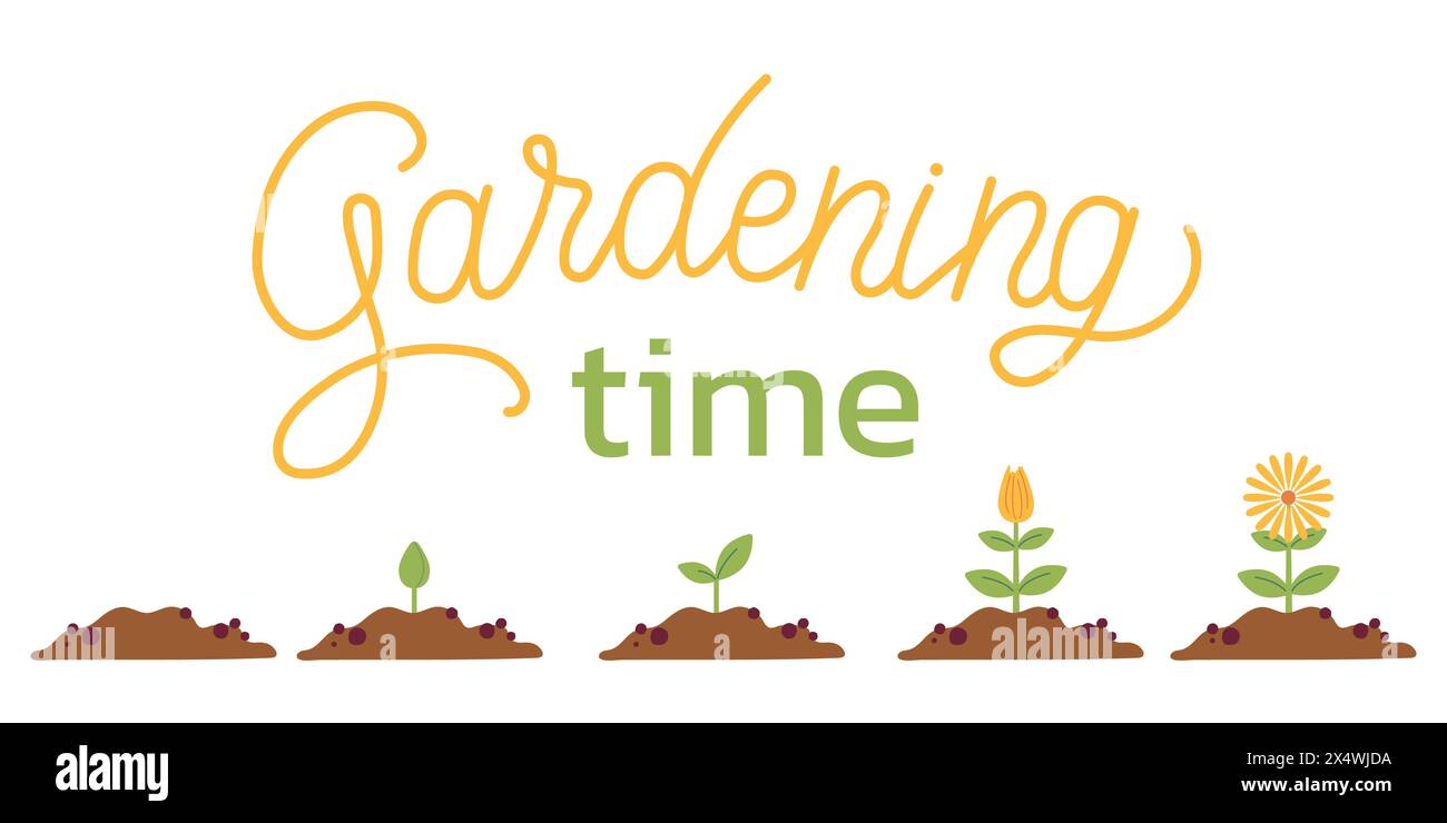 Gardening time. Spring gardening lettering with stages of blooming ...