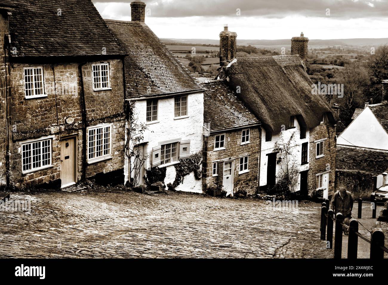 The view down Gold Hill, the steep cobbled street in Shaftesbury ...