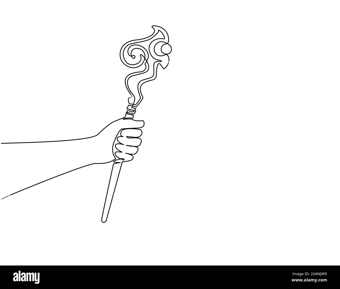 Single one line drawing hand holding wizards wooden staff. Bending ...