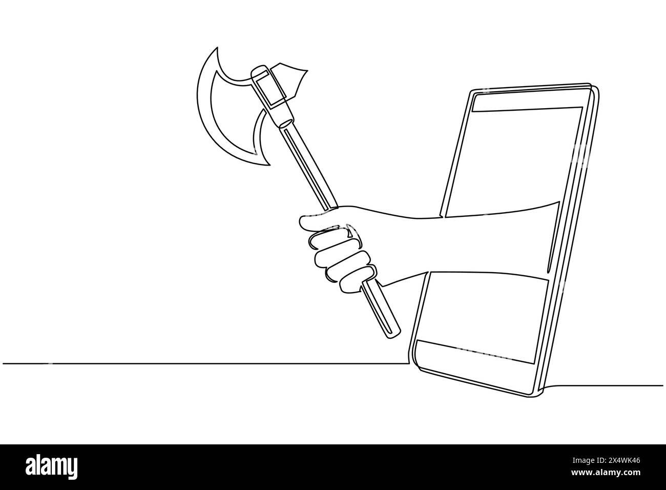 Continuous One Line Drawing Hand Holding Battle Axe Through Mobile
