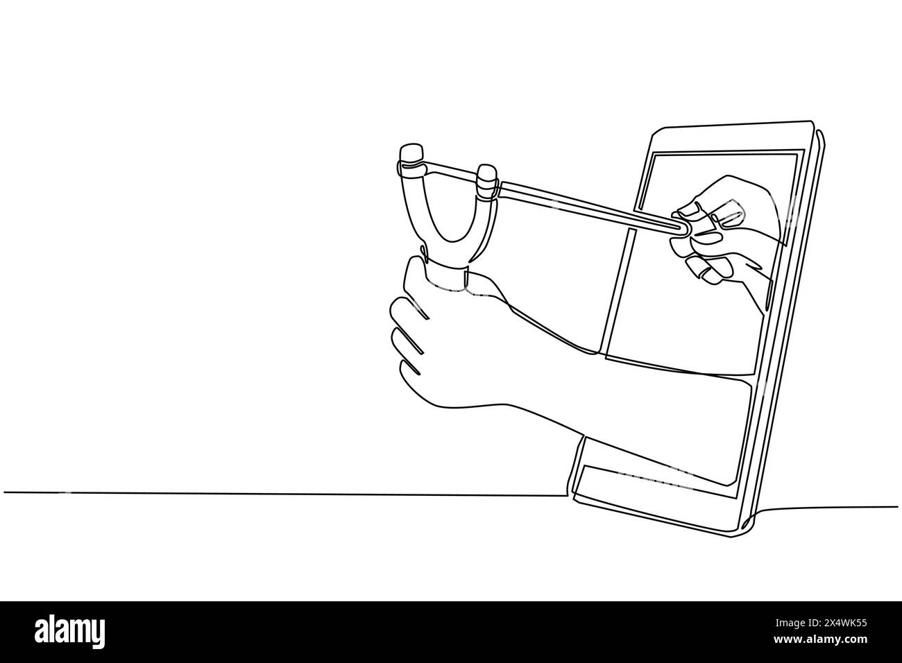 Single one line drawing hand holding wooden slingshot through mobile ...