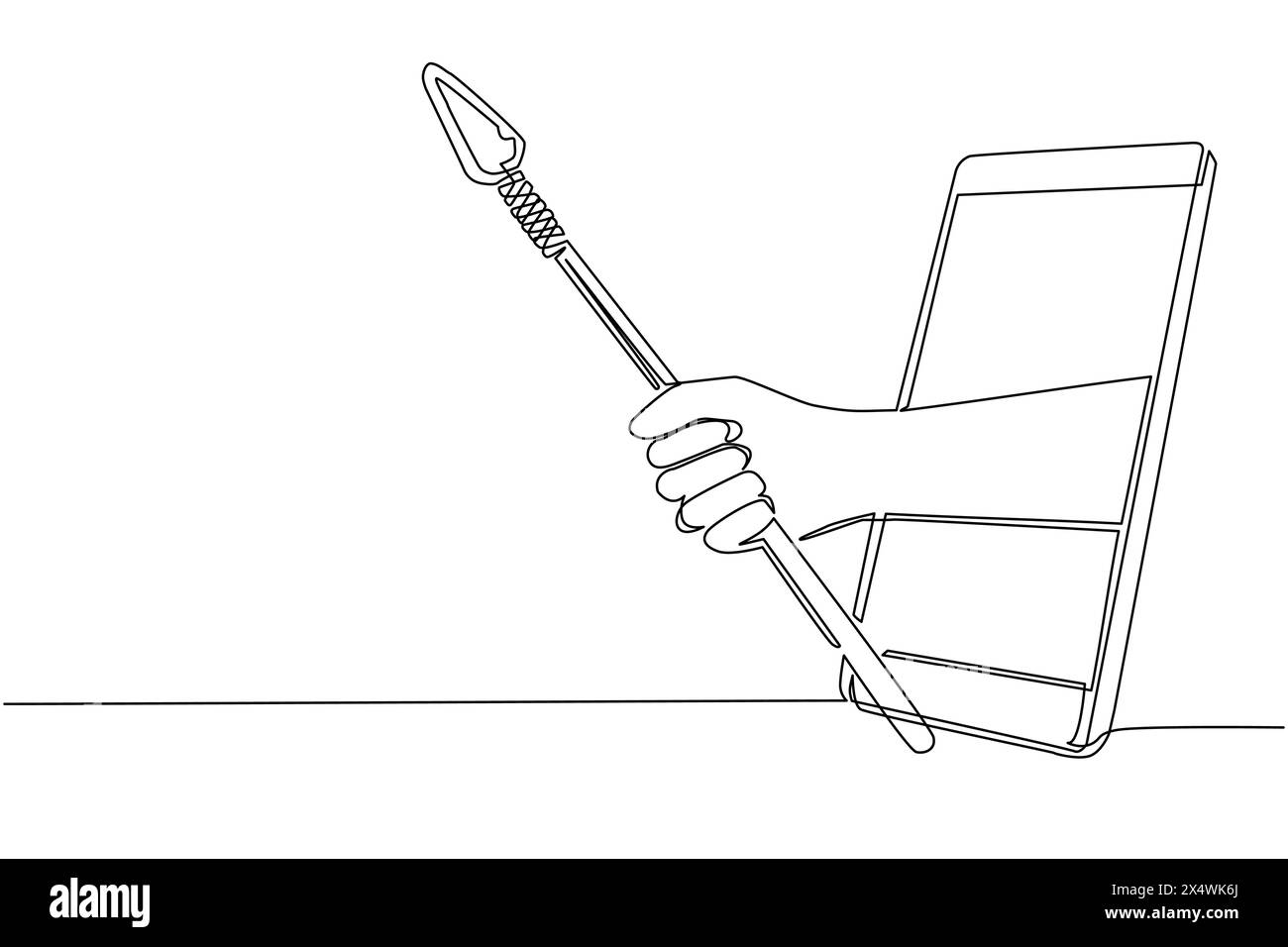 Single one line drawing hand holding ancient stone age spear through ...