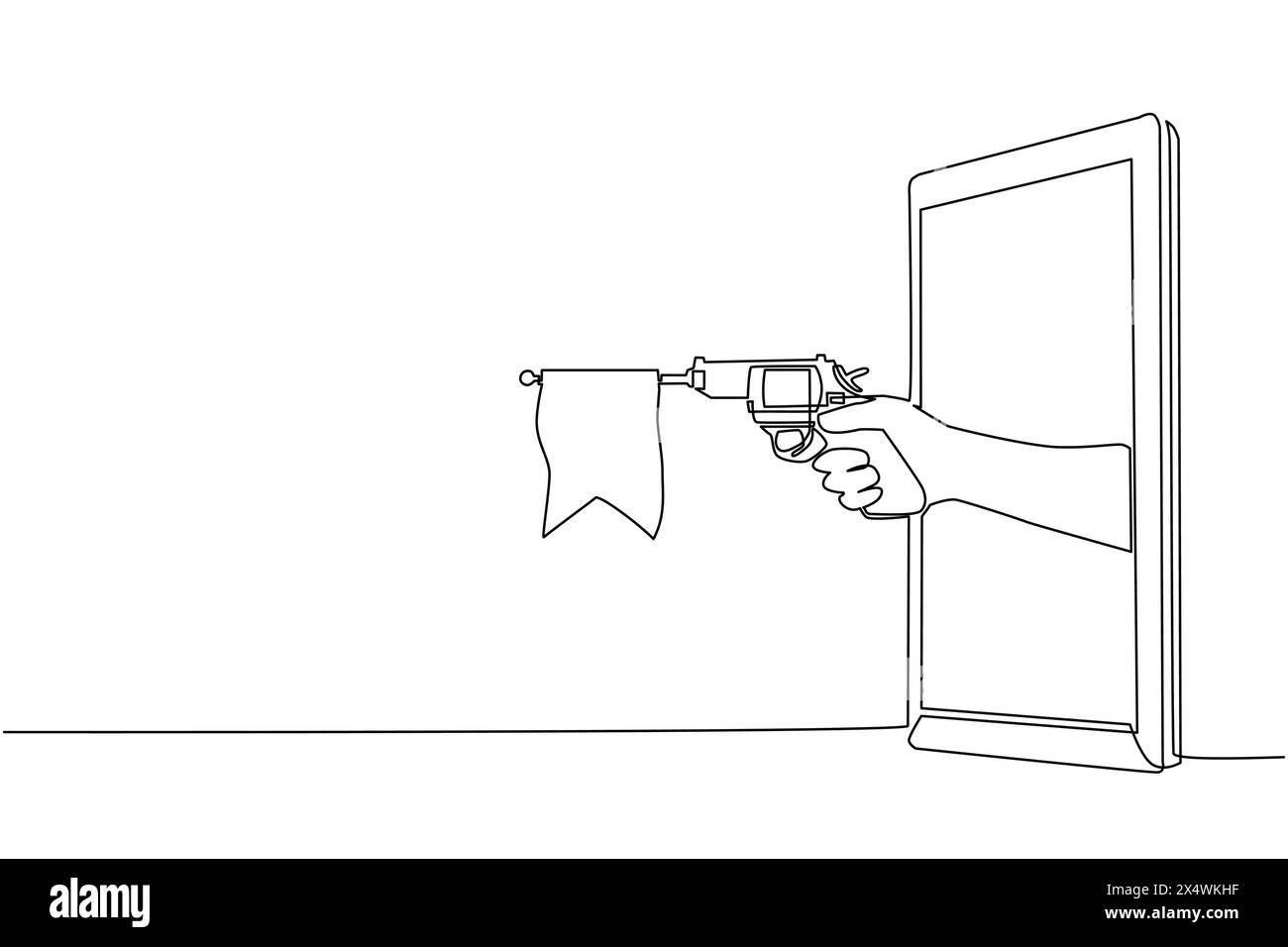 Continuous one line drawing hand holding toy gun pistol with empty flag ...