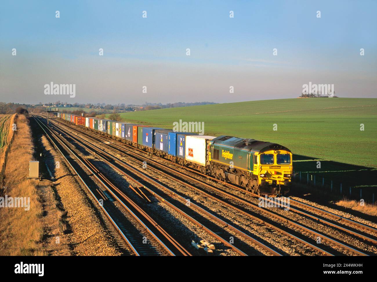 A Class 66 diesel locomotive number 66501 a freightliner train at Manor ...