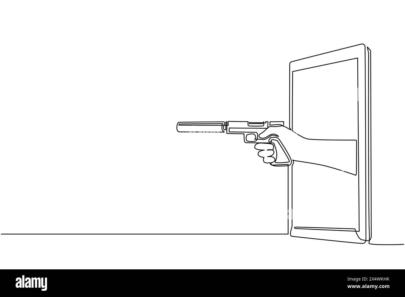 Single one line drawing hand holding pistol with silencer through ...