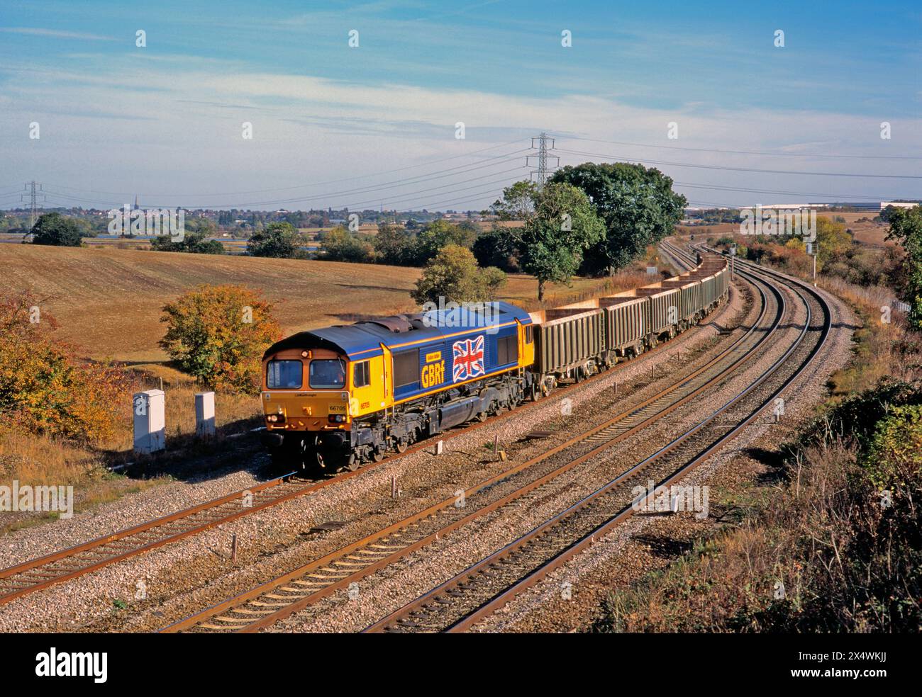 A Class 66 diesel locomotive number 66705 working a train of empty ...