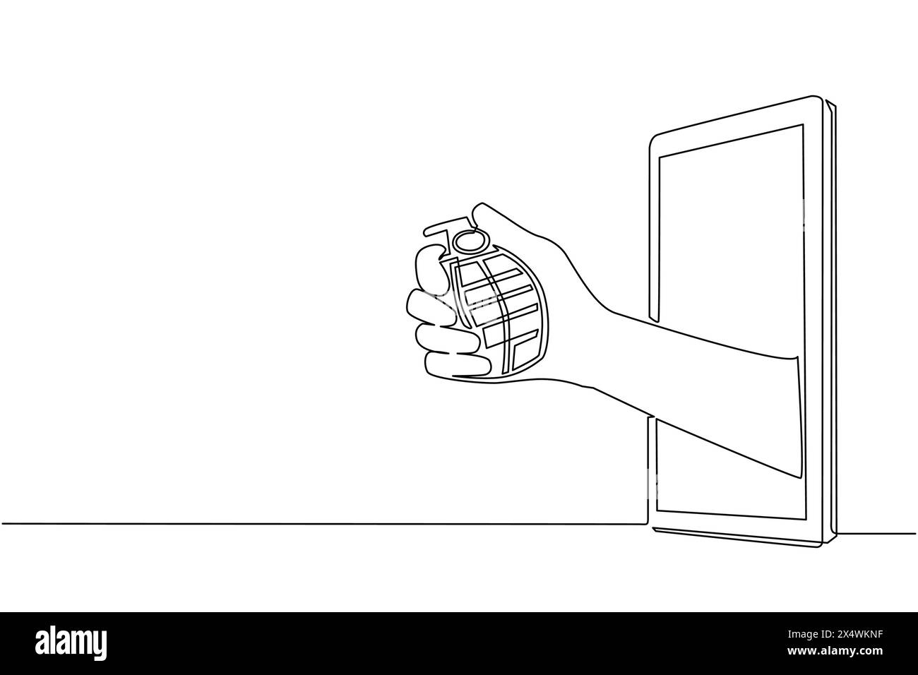 Continuous one line drawing hand holding grenade through mobile phone ...