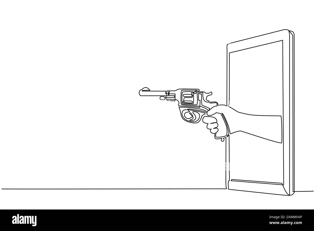 Single continuous line drawing hand holding revolver gun through mobile ...