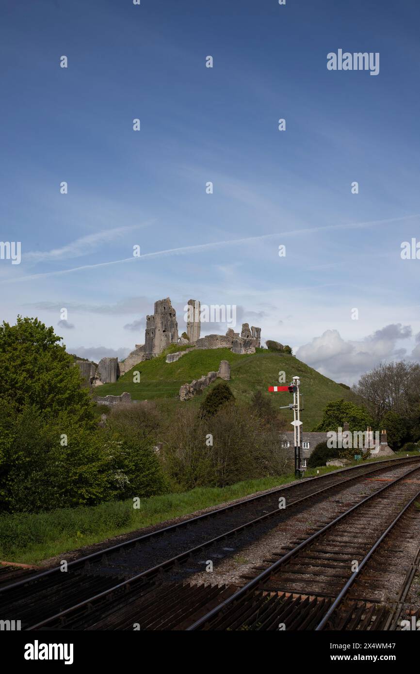 Corfe Castle, Dorset, as seen from Corfe Castle train station, with ...