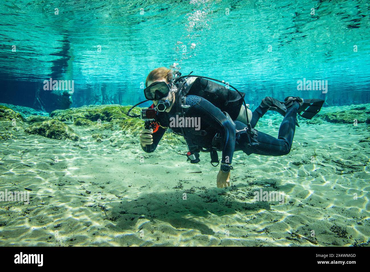 Diver swimming underwater holding a camera, Three Sisters Springs ...