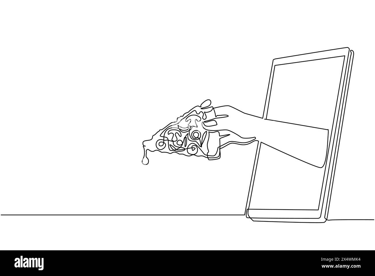 Single one line drawing hand holding pizza slice through mobile phone ...
