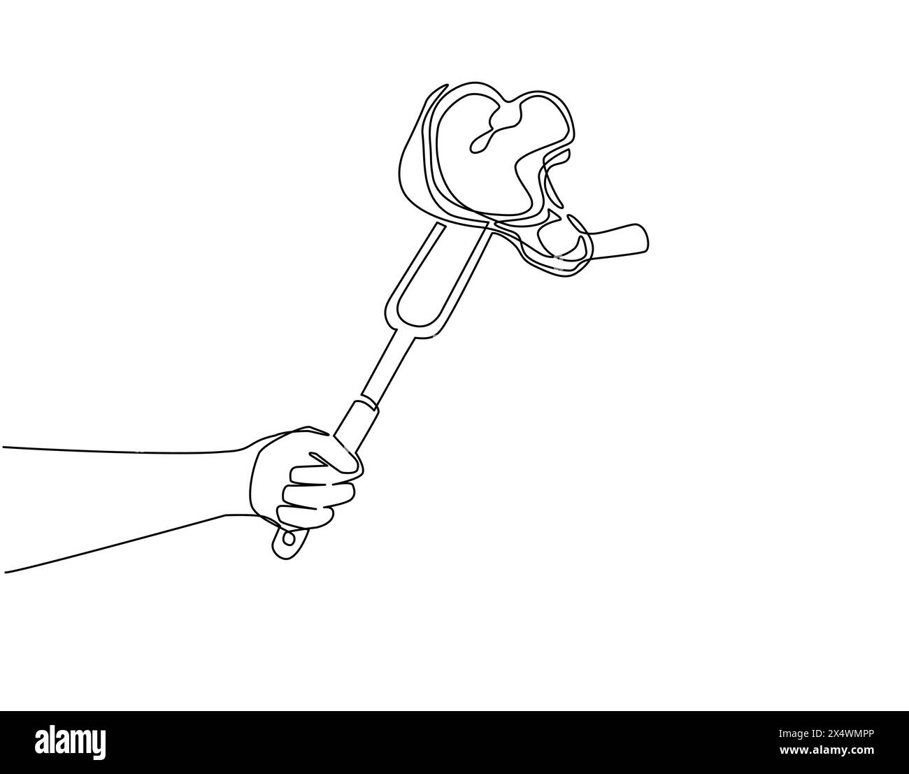 Single one line drawing hand holding steak on fork. Barbecue, pieces of ...