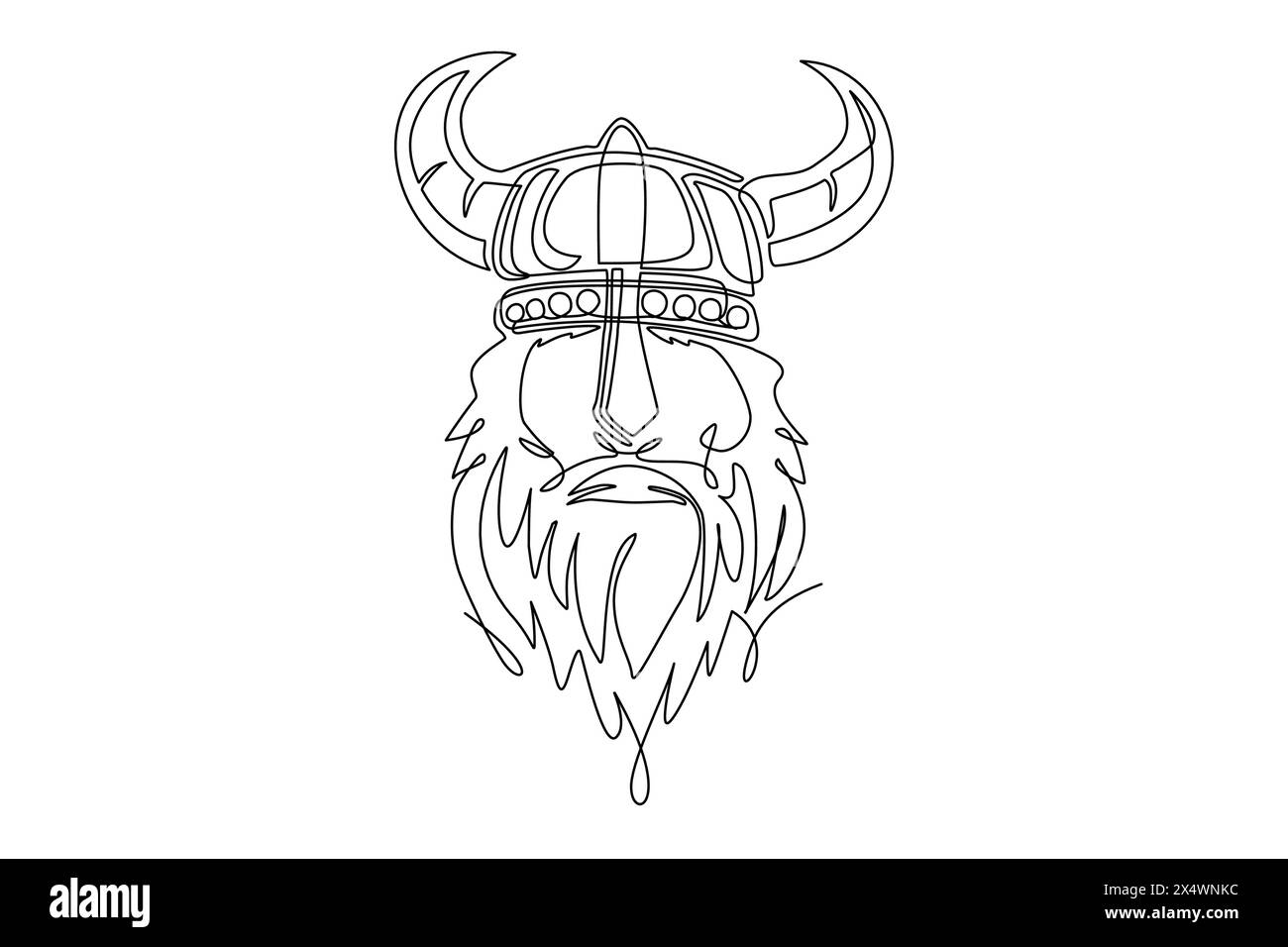 Single continuous line drawing head of bearded viking warrior with ...