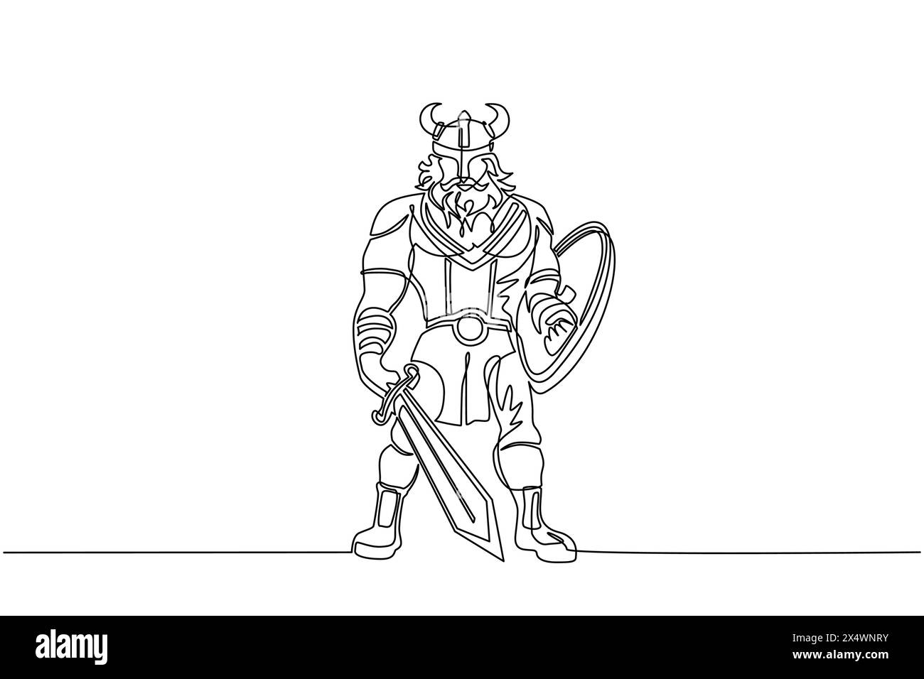 Single continuous line drawing man warrior viking in horned helmet ...