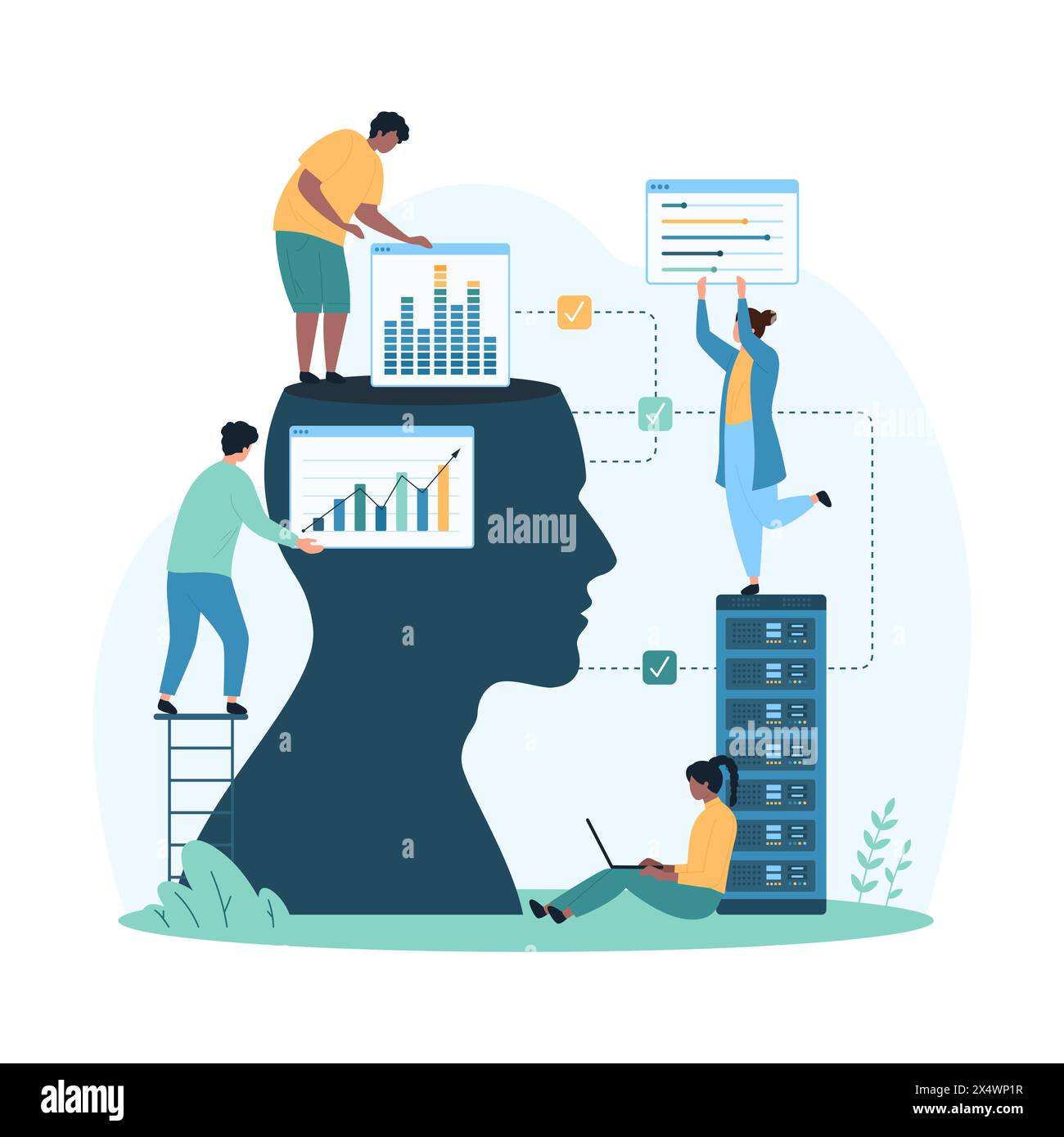 Digital data processing with AI. Tiny people work with virtual ...