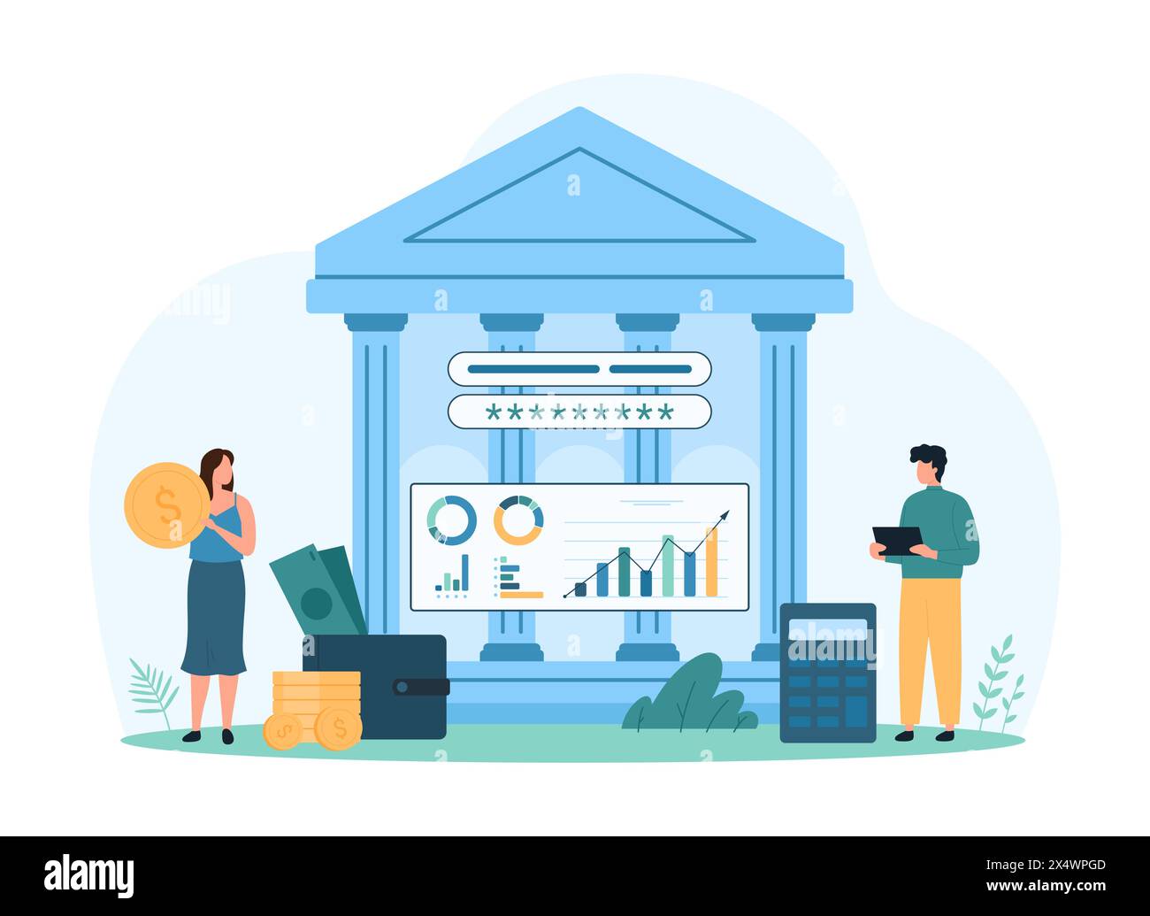 Accounting in bank mobile app. Tiny people work with digital account ...