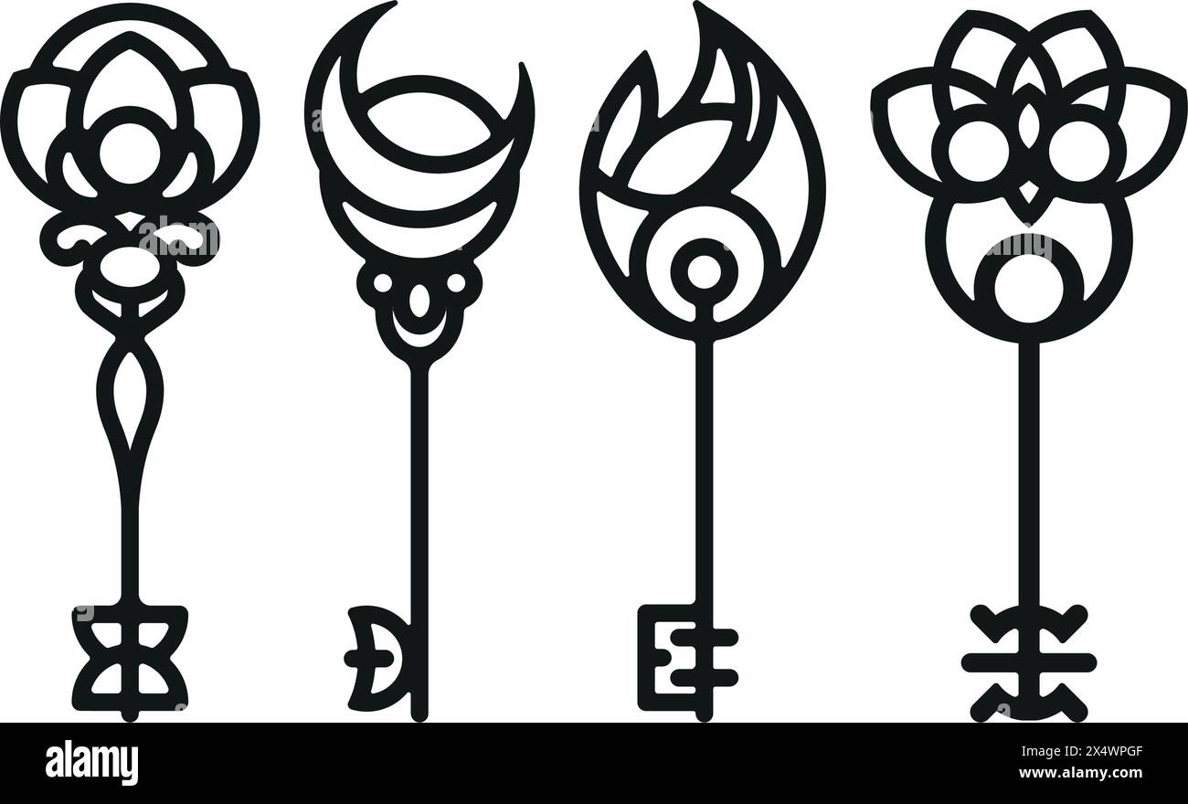 Group of four keys inspired by the symbolism of power, stars, elements ...