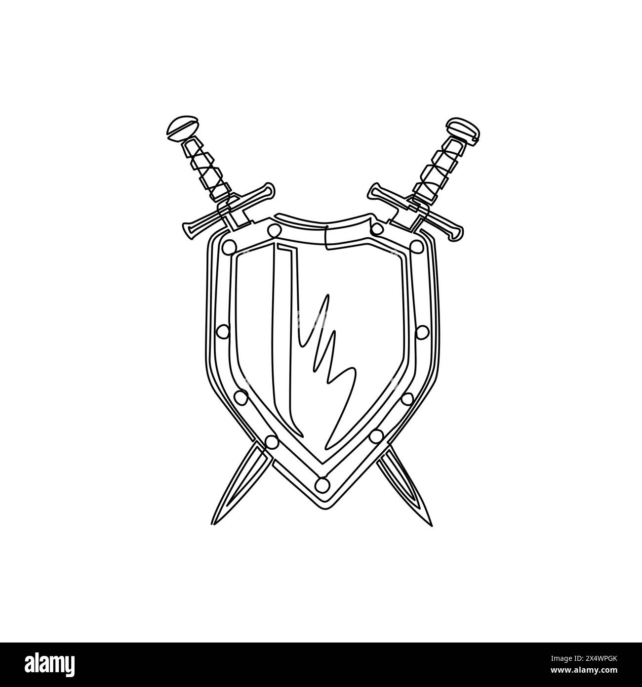 Continuous one line drawing shield and crossed swords icon, flat design swords and shield vector ...