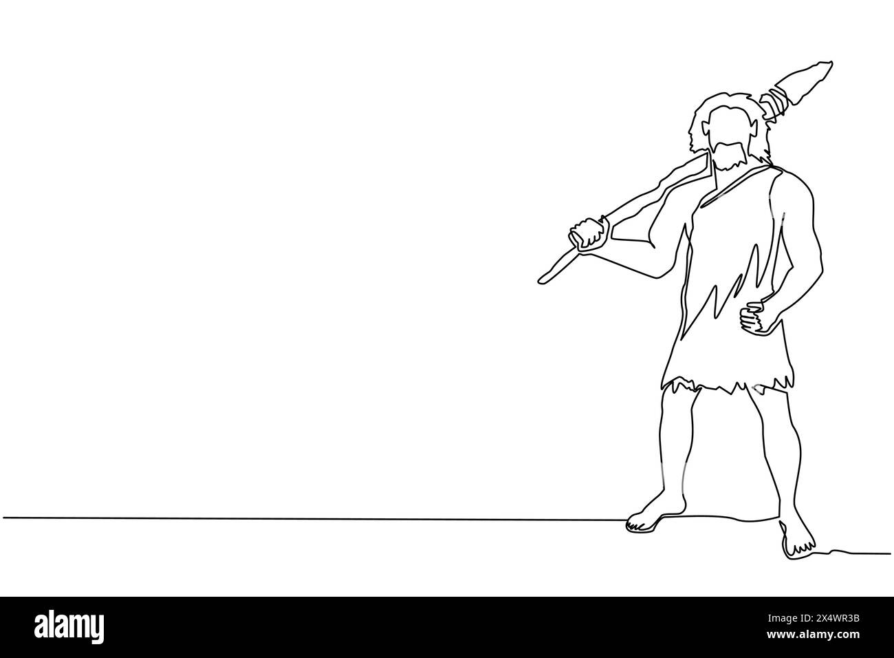 Single continuous line drawing prehistoric man holding stone spear on ...