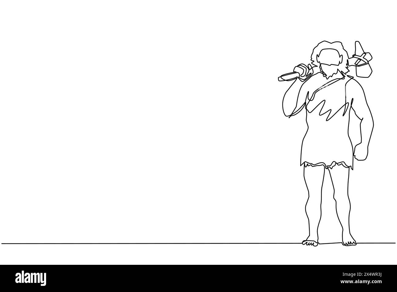 Single continuous line drawing stone age primitive man in animal hide ...