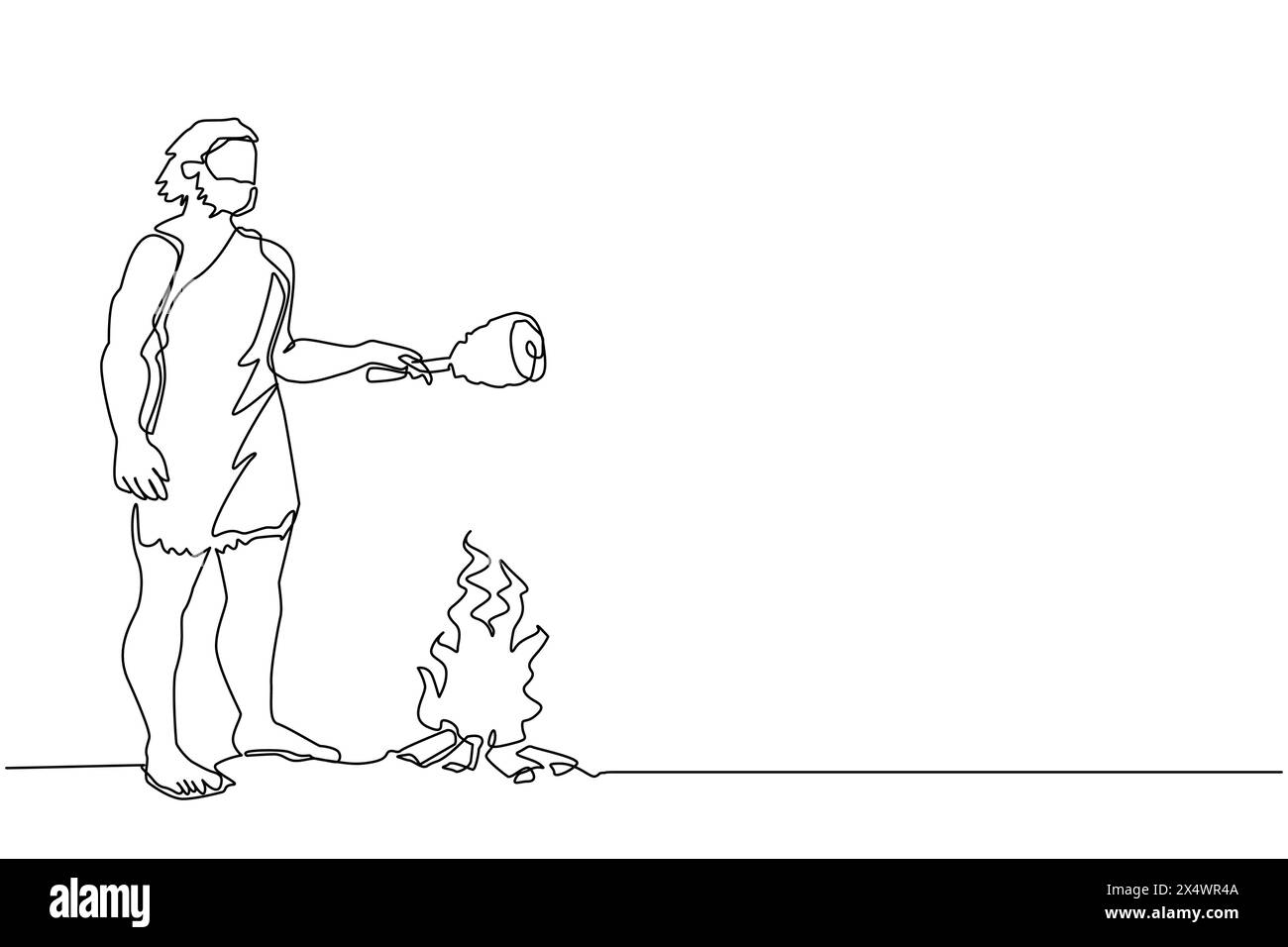 Continuous one line drawing prehistoric man standing and cooking meat ...